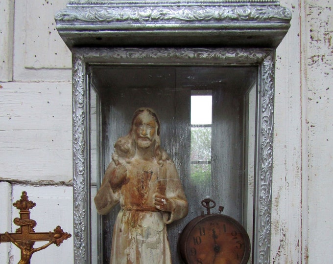 Doll Display Case Glass W/ Wood Faux Painted Pewter Silver Rusty Patina ...