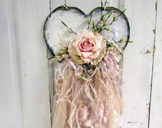 Shabby Chic Pink Tattered Heart Wall Decor Embellished With Handmade ...