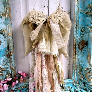 Fabric Grain Sack Angel Wings Rag Bow Pillow or Wall Accent, Adorned ...