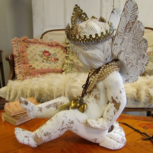 Large Cherub Statue With Jeweled Crown, Carved Solid Wood Chippy White ...