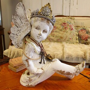 Large Cherub Statue With Jeweled Crown, Carved Solid Wood Chippy White ...