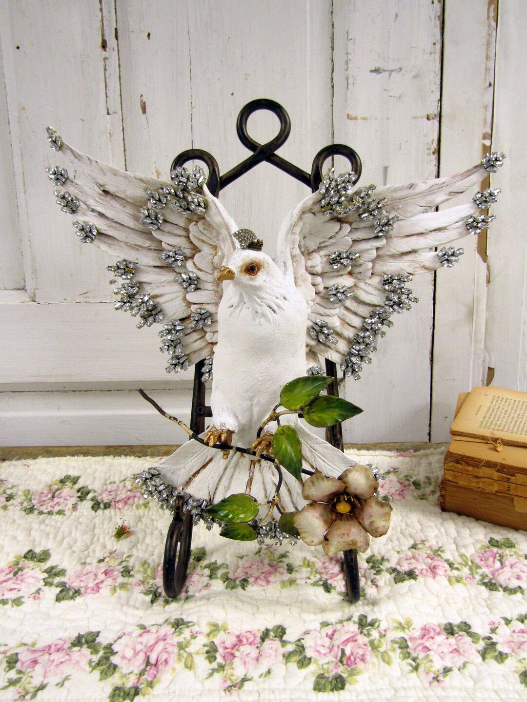 White Dove Bird Wall Decor, Bird is Clutching Antique Tole Flower With ...