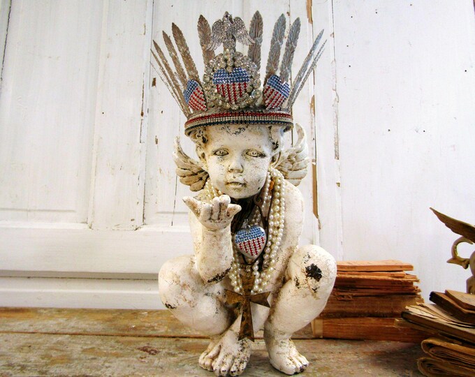 Large Cherub Statue With Handmade Large Rhinestone Crown, Distressed ...