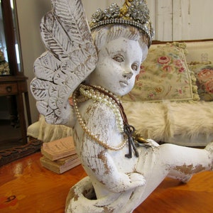 Large Cherub Statue With Jeweled Crown, Carved Solid Wood Chippy White ...