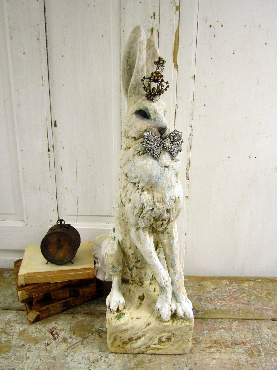 Large White Hare Rabbit Statue With Crown and Bowtie, Tall Distressed ...