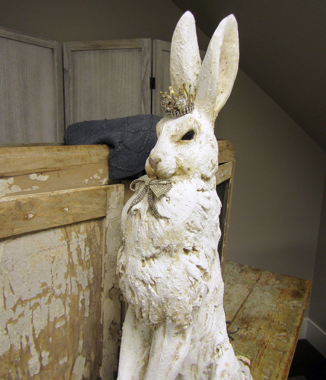 Large Hare Rabbit Statue, Tall Distressed White Painted Storybook Style ...