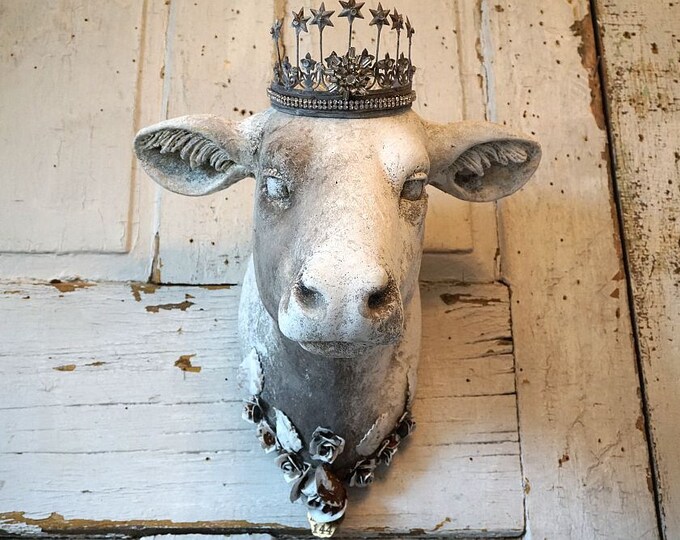 Cow Head Wall Mount Decor Painted White Gray French Farmhouse Hanging ...