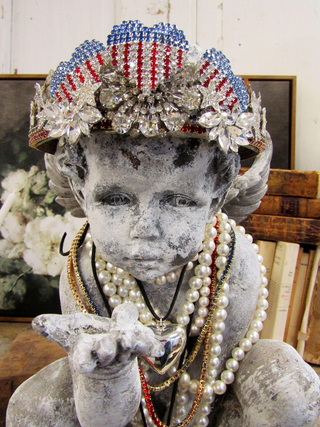 Cherub Statue With Handmade Large Red White and Blue Rhinestone Crown ...