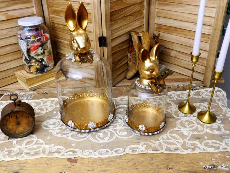 Glass Bell Jars Set of Two, 2 Dome Cloches With Golden Rabbits and ...