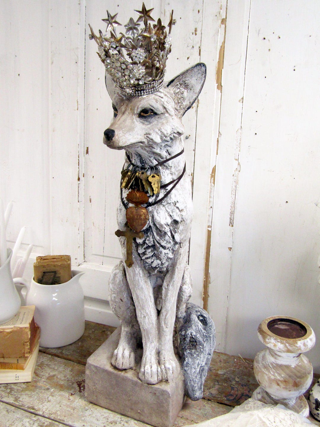 Silver Arctic Fox Statue Hand Painted Mixed Natural Colors, Ornate ...