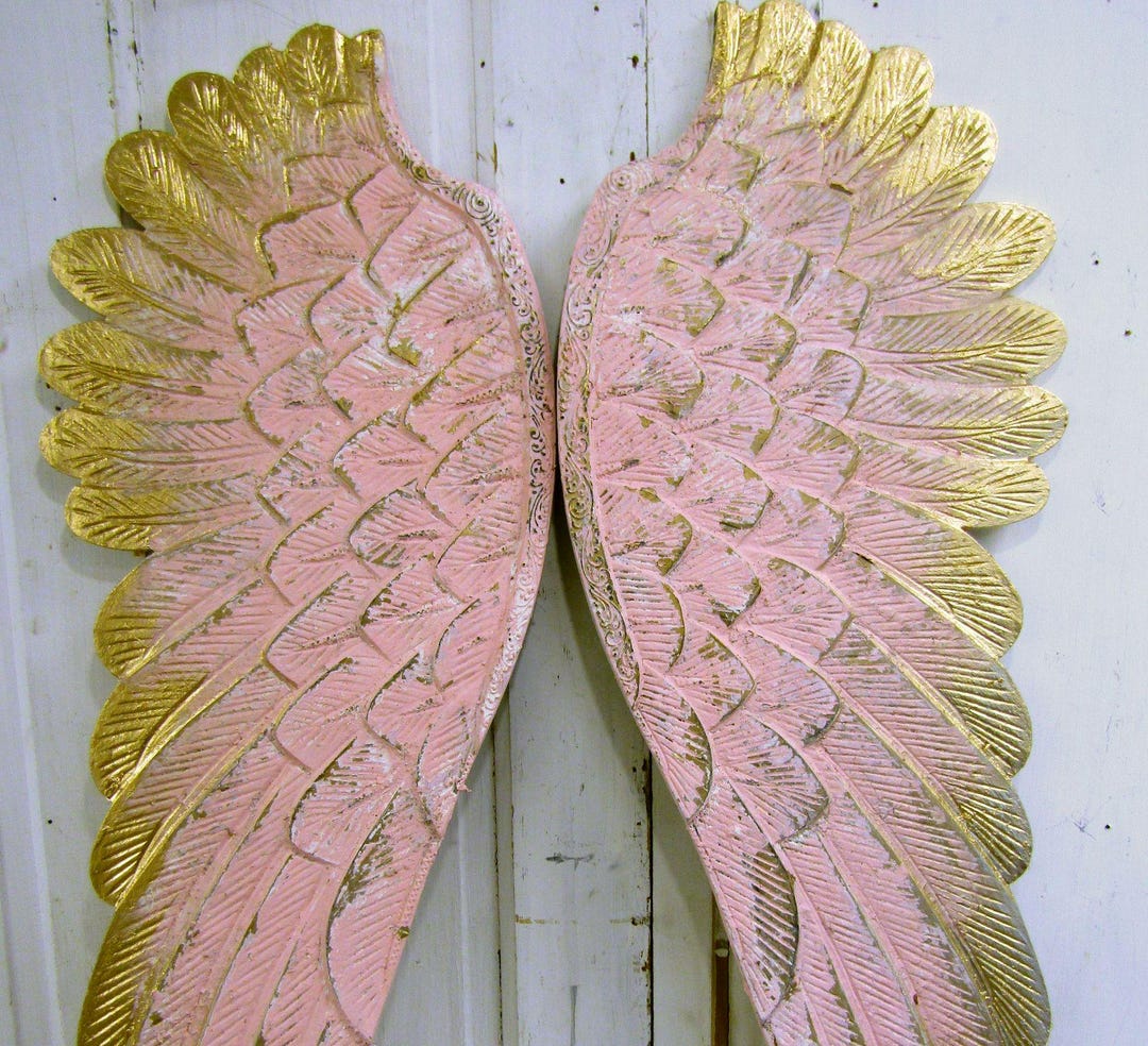 Large Carved Wood Angel Wings Wall Decor Painted With Distressed Patina ...