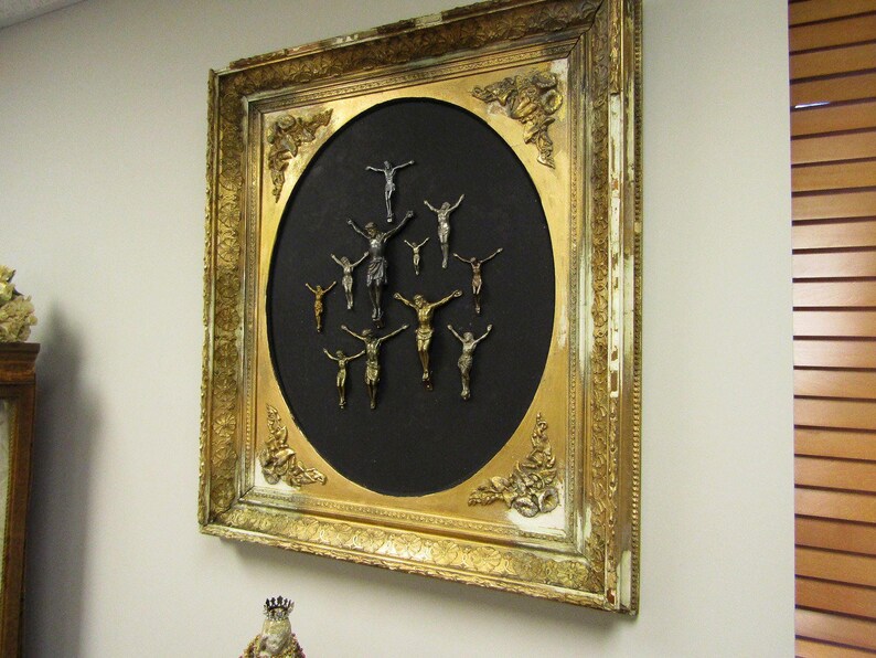 Antique Gold Wall Frame W/ Jesus Figure Collection on Black Background ...