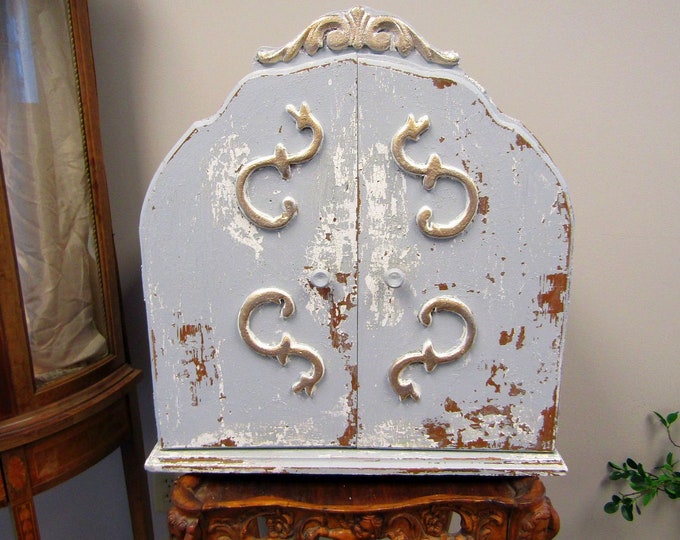 French Blue Cabinet With Doors, Shabby Chic Pale Blue and Gold Rounded ...