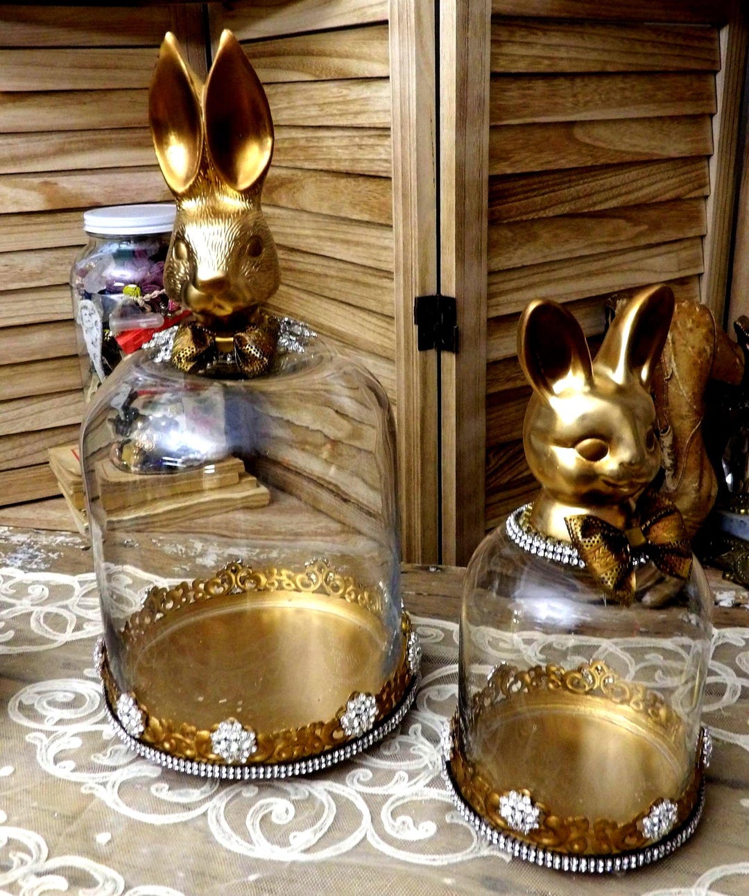Glass Bell Jars Set of Two, 2 Dome Cloches With Golden Rabbits and ...