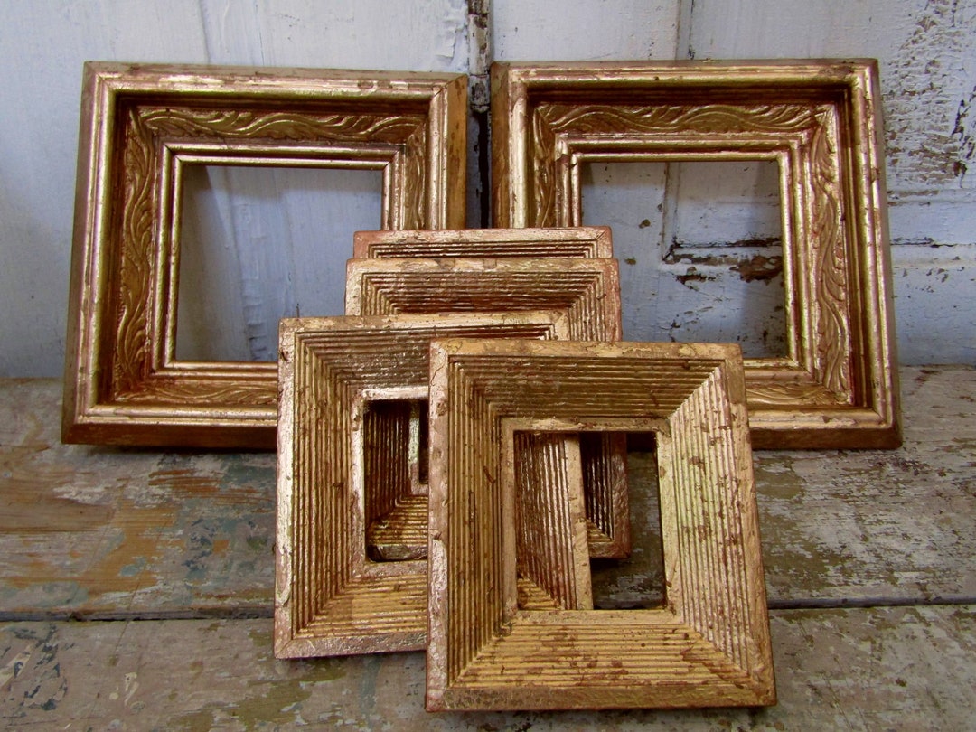 Vintage Wood Picture Frames Set of 6, Distressed Chippy Gold Solid Wood ...