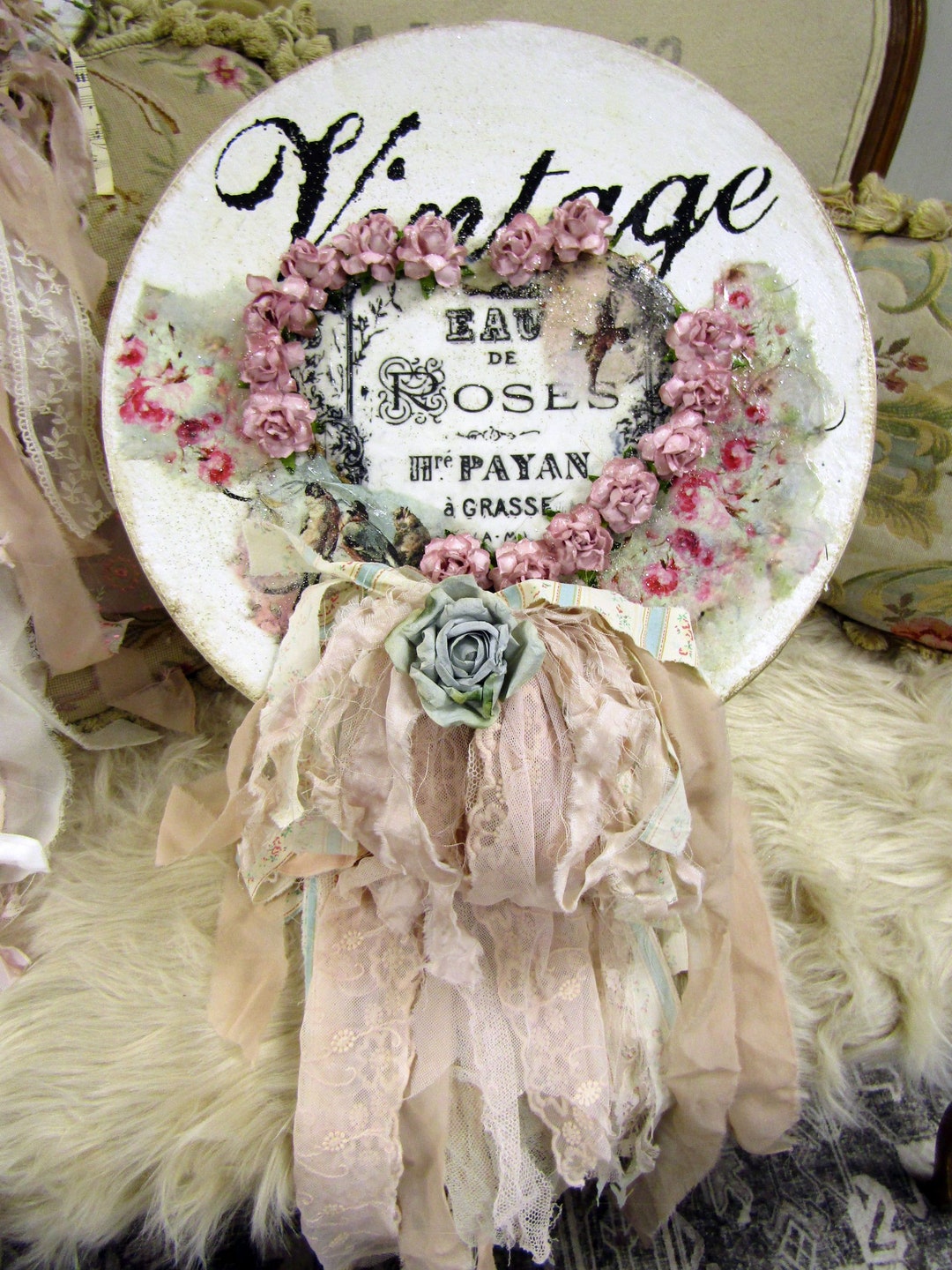 Shabby Chic Hat Box With Lid Adorned Tattered Fabric, Lace and Roses ...
