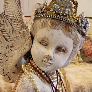 Large Cherub Statue With Jeweled Crown, Carved Solid Wood Chippy White ...