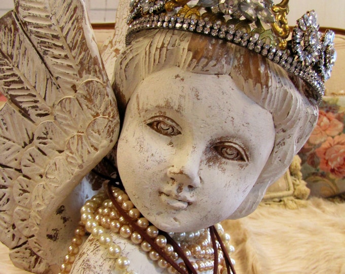 Large Cherub Statue With Jeweled Crown, Carved Solid Wood Chippy White ...