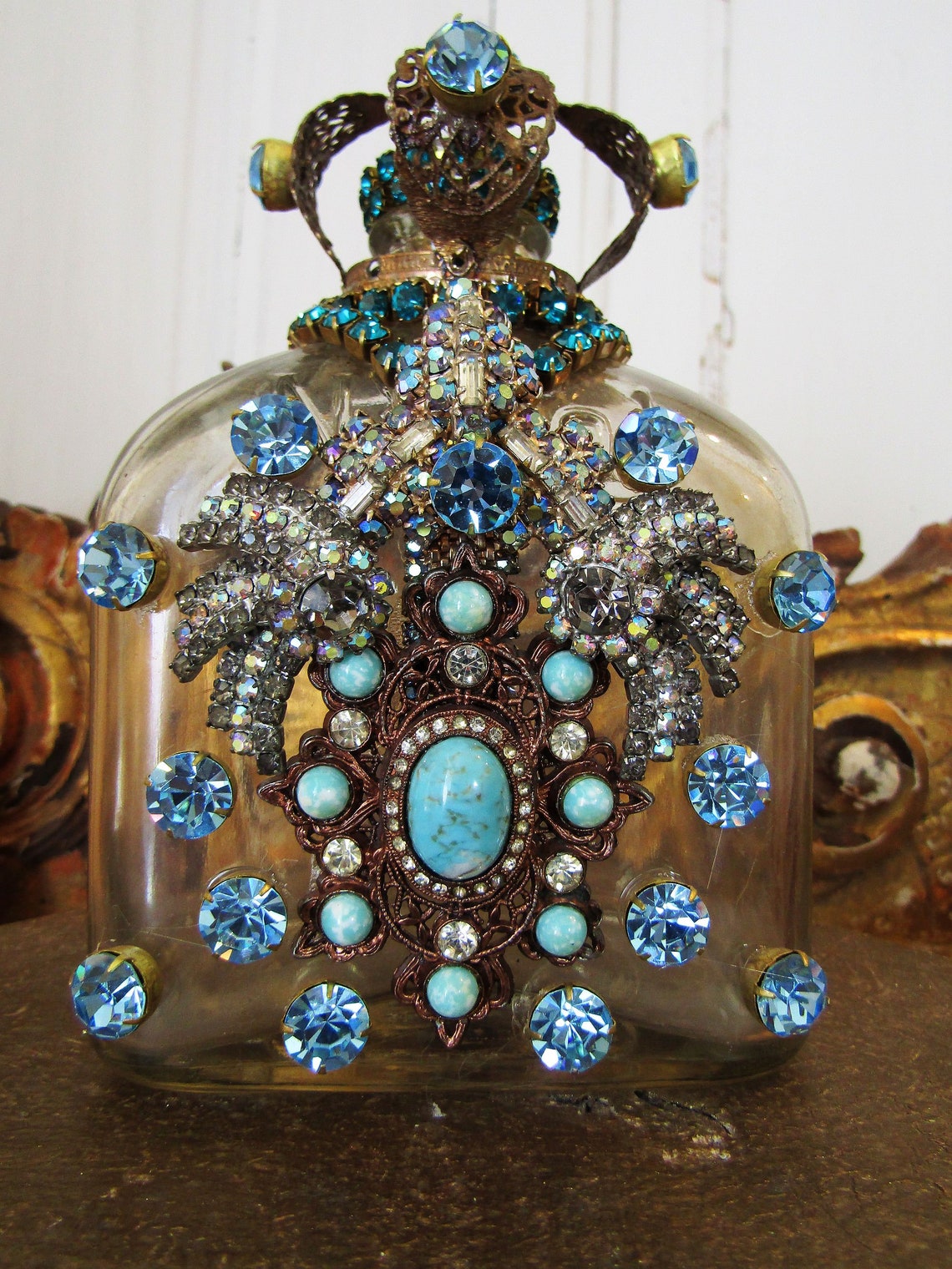 Stunning Blue Teal Rhinestone Altered Bottle Turquoise and - Etsy