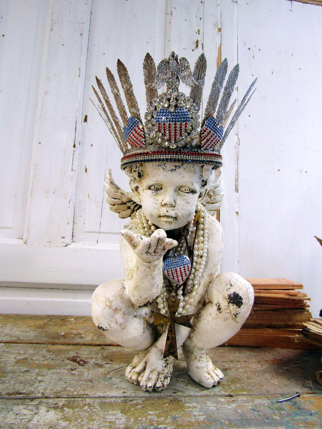 Large Cherub Statue With Handmade Large Rhinestone Crown, Distressed ...