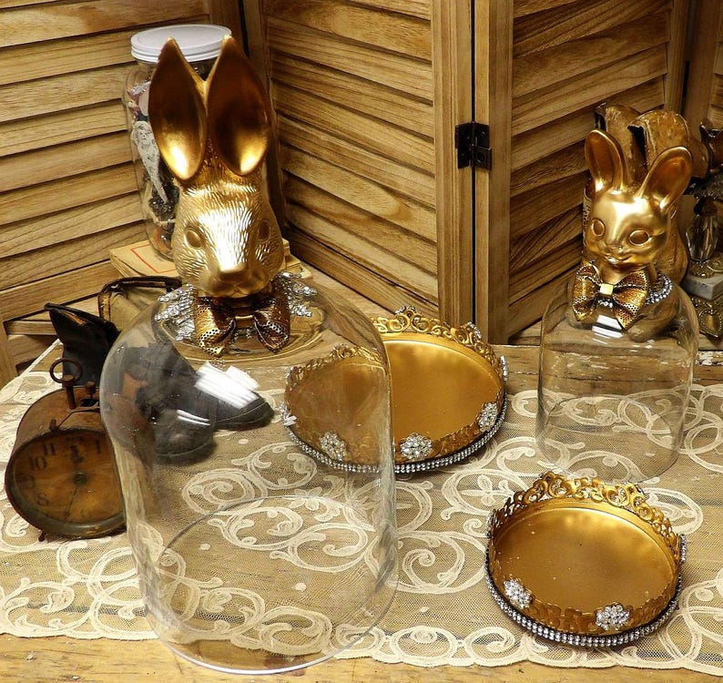 Glass Bell Jars Set of Two, 2 Dome Cloches With Golden Rabbits and ...