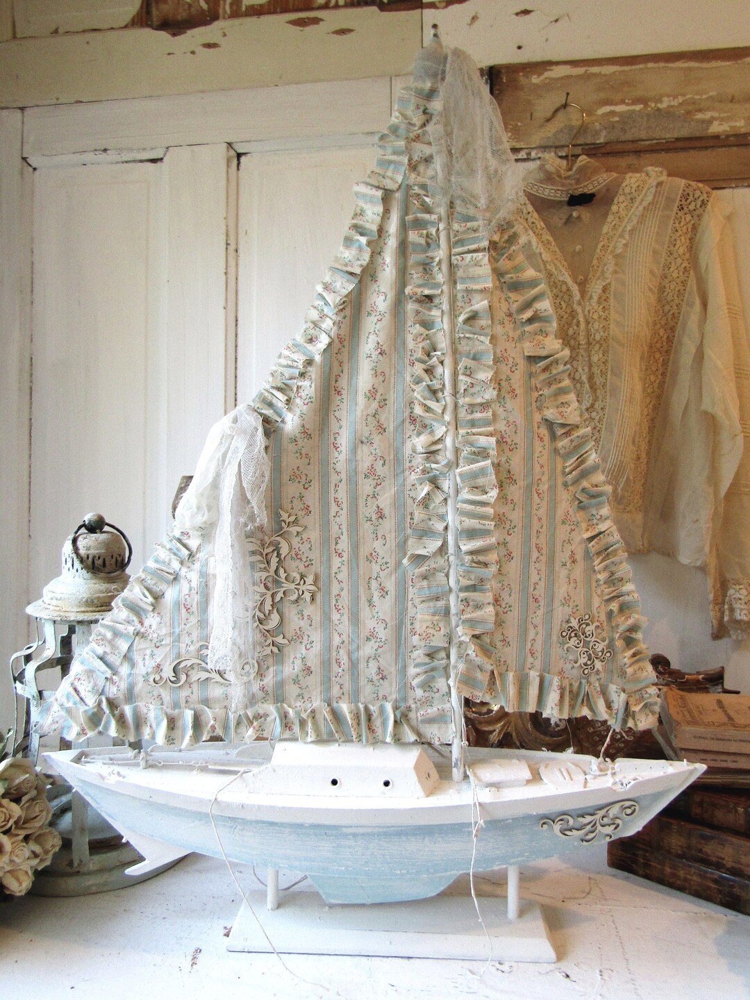 Shabby Beach Wooden Sailboat With Vintage Ticking Fabric Sail, One of a ...
