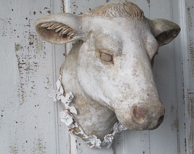 French Cow Head Wall Mount Faux Hand Painted Rustic Farmhouse Mounted ...