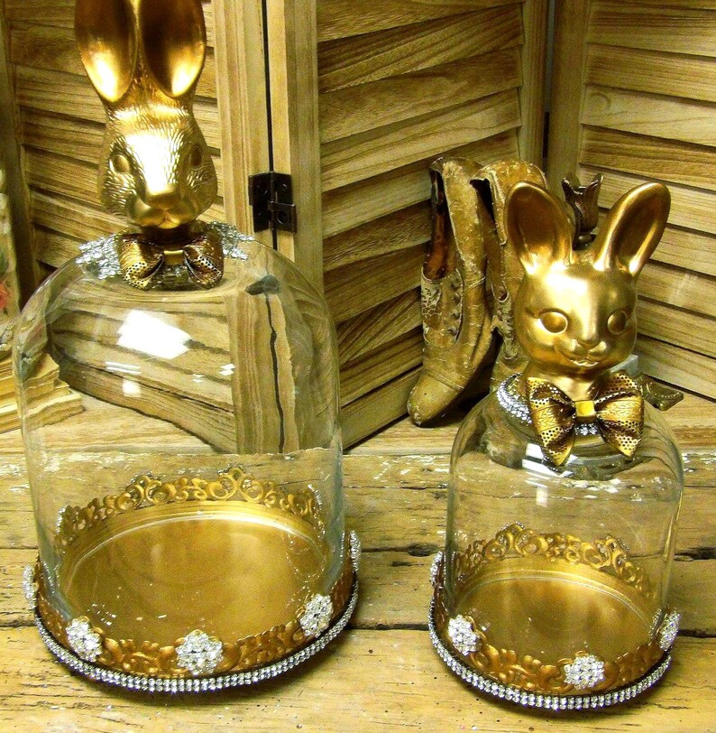 Glass Bell Jars Set of Two, 2 Dome Cloches With Golden Rabbits and ...