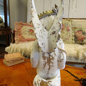 Large Cherub Statue With Jeweled Crown, Carved Solid Wood Chippy White ...