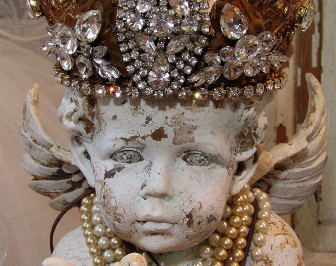 Large Painted Cherub Statue With Handmade Rhinestone Crown, Distressed ...