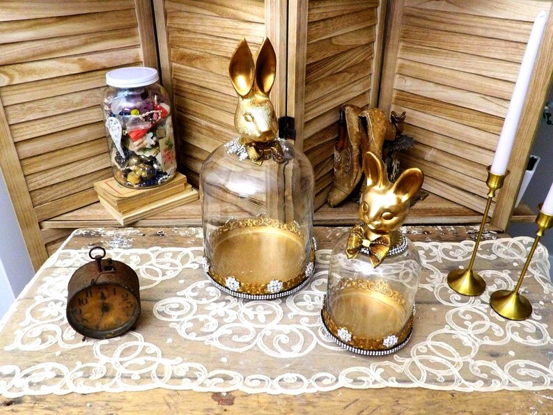 Glass Bell Jars Set of Two, 2 Dome Cloches With Golden Rabbits and ...