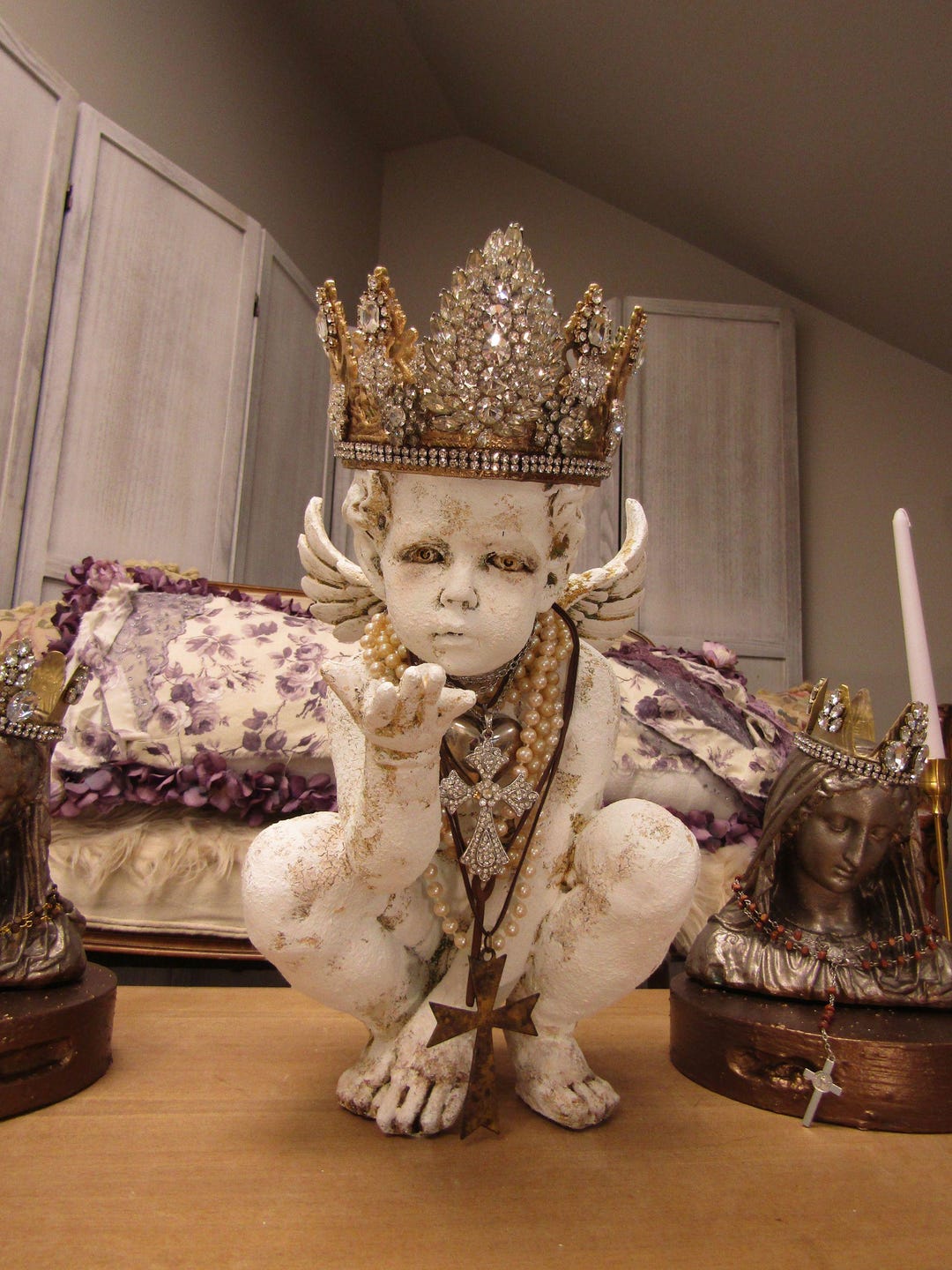 Cherub Statue With Handmade Jeweled Crown, Hand Painted Chippy Plaster ...