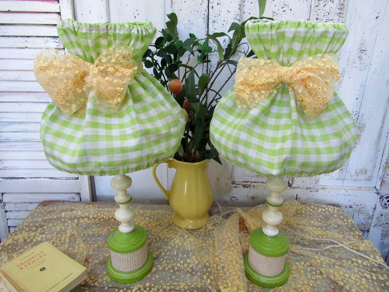 Vintage Cottagecore Lamp Set-green Gingham Lampshades- Bottom ...
