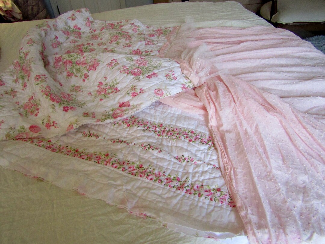 Versatile Pink Lace Rose Quilted Throw With Pink Cotton Panels, Shabby ...