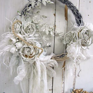 White Floral Grapevine Wreath Wall Decor Embellished Plaster Painted ...