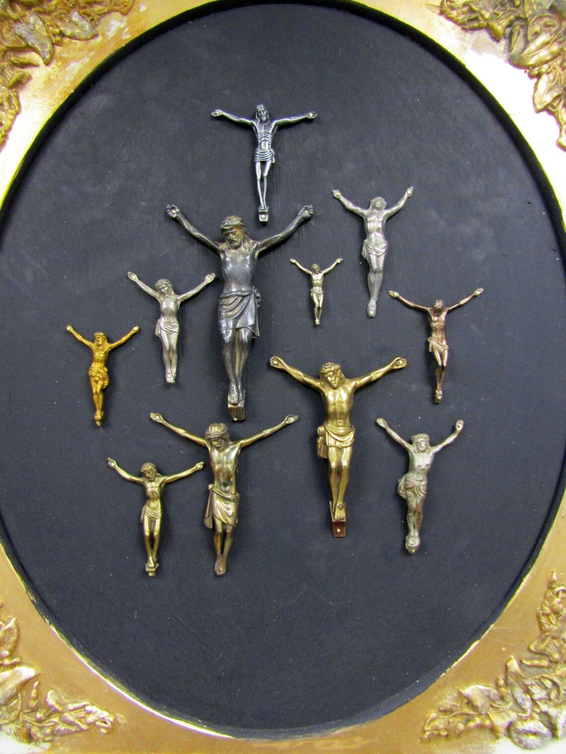 Antique Gold Wall Frame W/ Jesus Figure Collection on Black Background ...