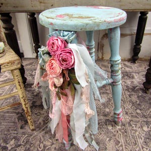 Vintage Style Wood Stool Painted Blue With Layers Under Tones ...