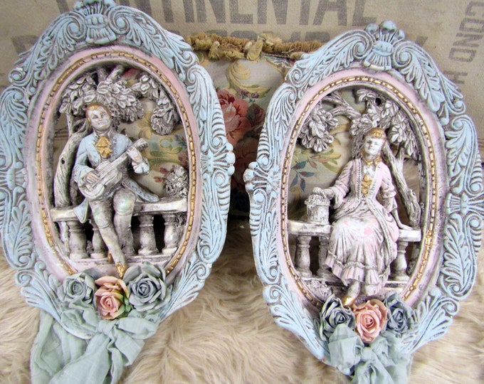 Antique Plaster Chalkware Man and Woman Reliefs Wall Plaques, Large ...