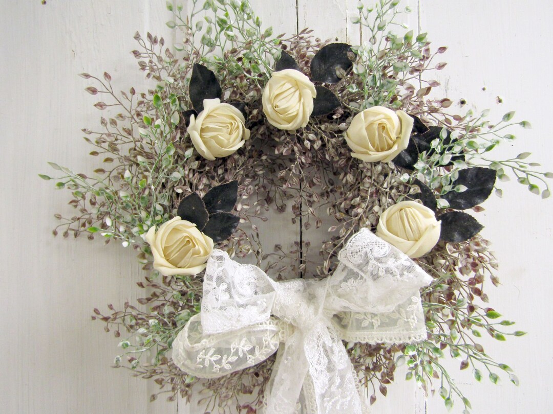 Luna Leaf Wreath With Antique off White German Millinery Roses and ...