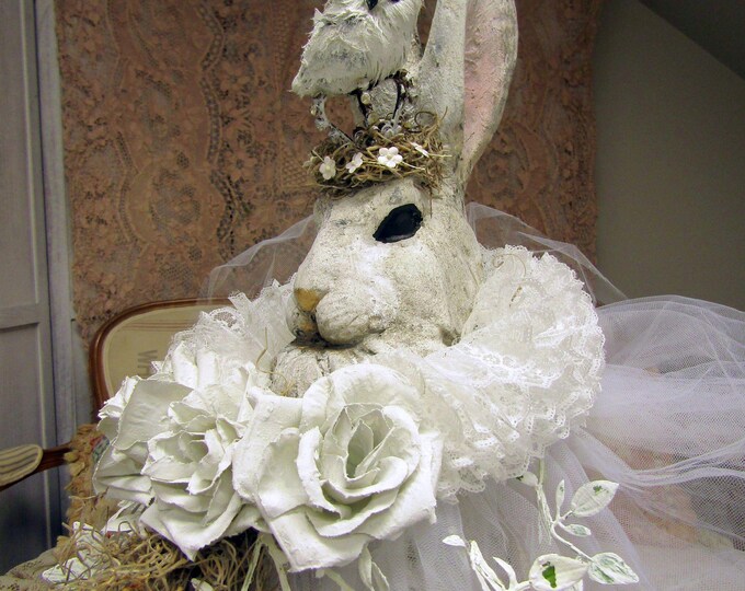 Large White Hare Rabbit Statue With Crown, Tall Distressed Storybook ...