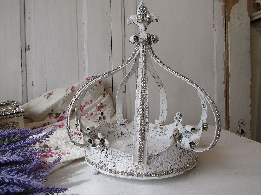 Large White French Crown Planter or Centerpiece, Distressed Piece With ...