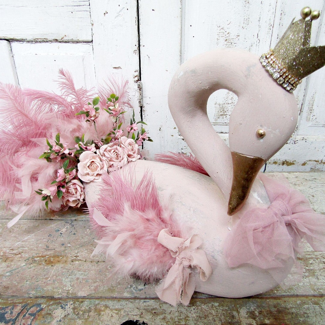 Large Pink Crowned Swan Statue, Embellished in Roses and Feathers Home ...