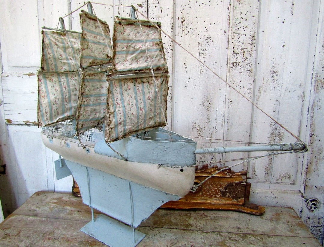 Huge Blue Cream Metal Sailboat With Shabby Fabric Sails, Distressed ...
