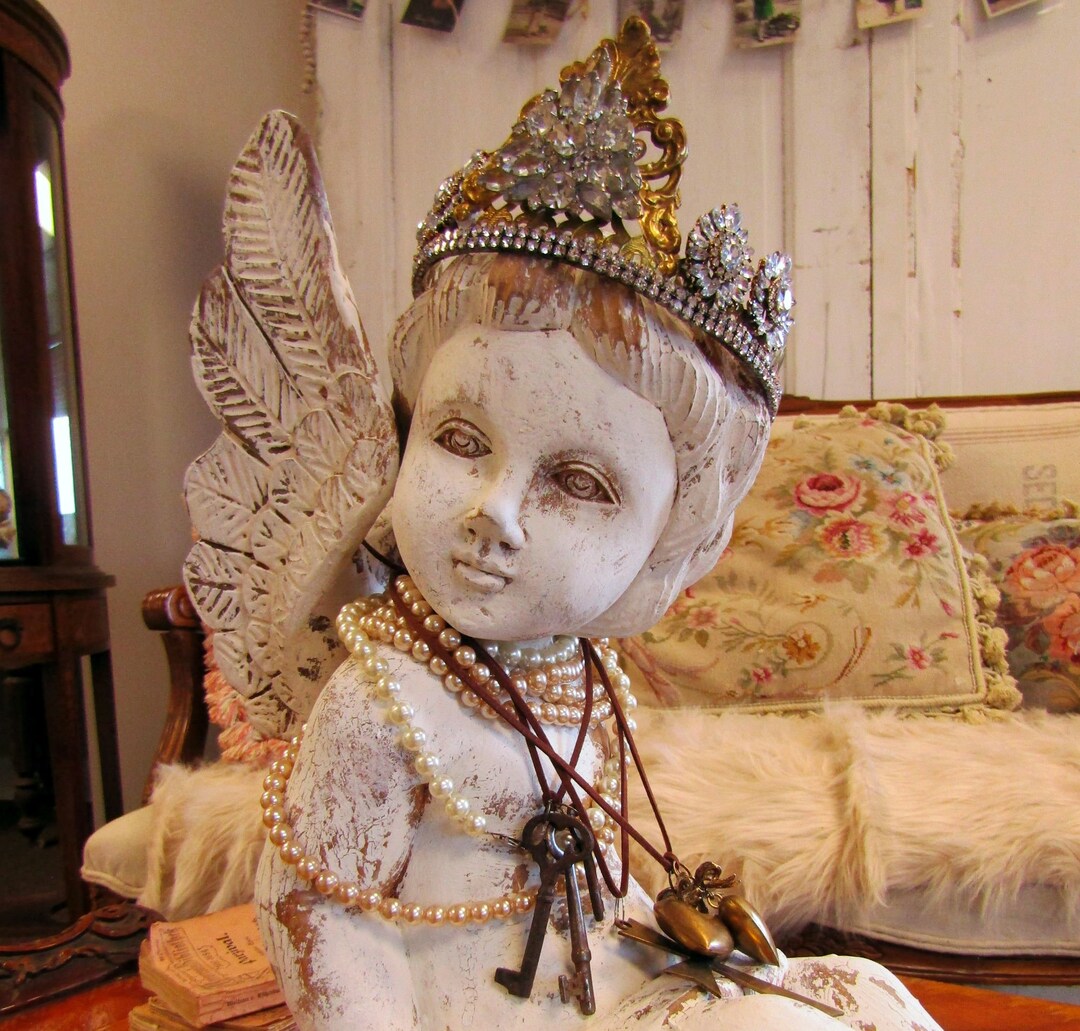 Large Cherub Statue With Jeweled Crown, Carved Solid Wood Chippy White ...