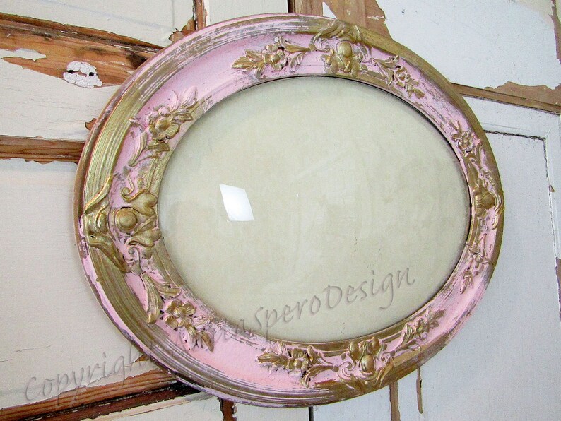 Large ornate pink and gold picture frame with bubble glass | Etsy