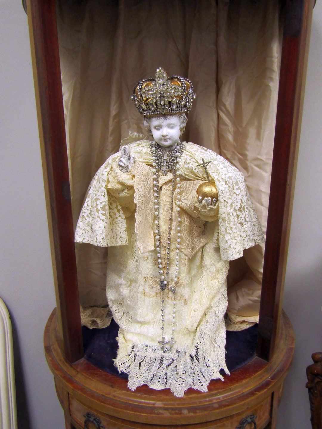 Infant of Prague Statue With Rhinestone Jeweled Crown Antique White ...
