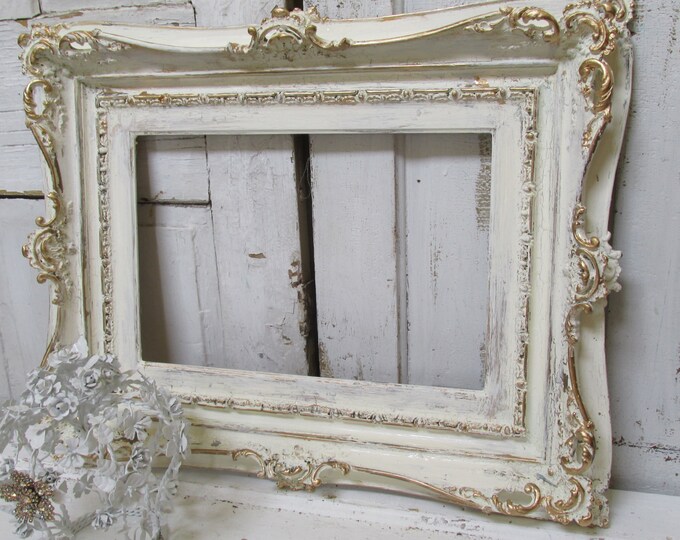 Large Ivory Ornate Frame Hand Painted Wood Distressed Shabby Cottage ...