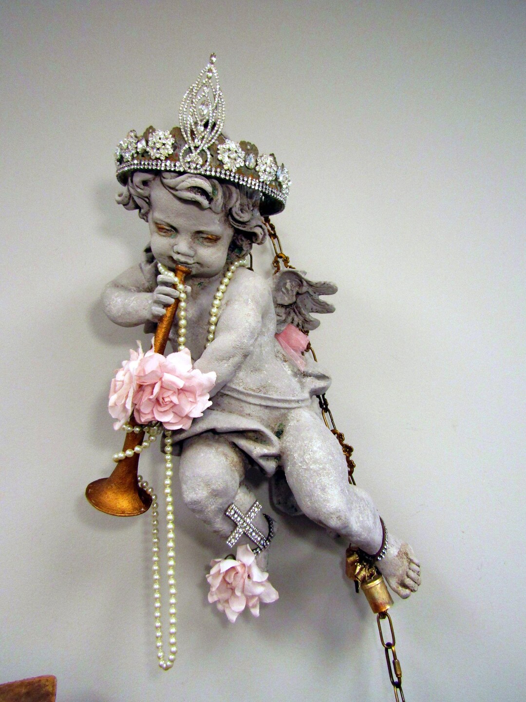 Large Carved Wood Cherub Statue, Antique Wall or Ceiling Flying Putti ...