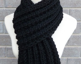 Black Wool Scarf Lambswool Scarf Super Bulky Knit Scarf Unisex Scarf Ready to Ship