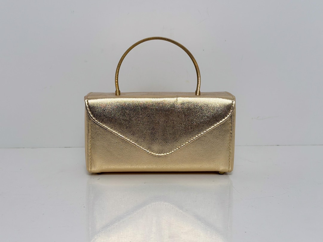 Vintage Gold Vinyl Box Purse – 1960s Structured Top Handle Evening Bag ...